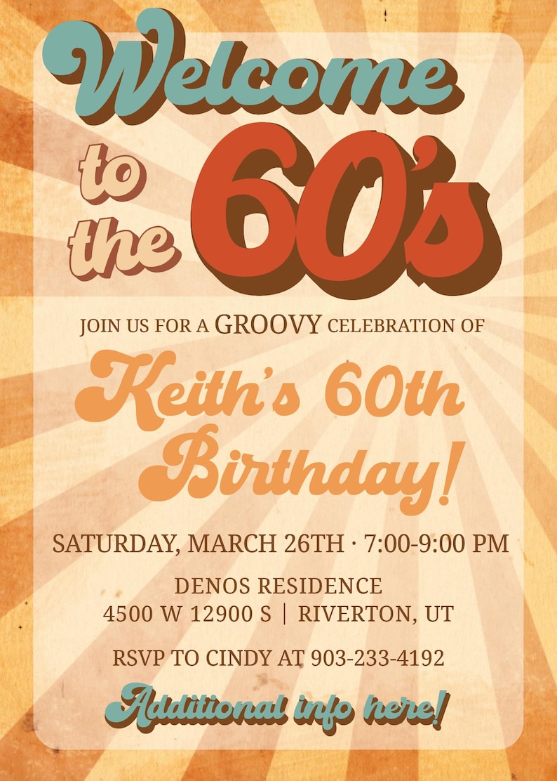Welcome to the 60's Birthday Party Invitation, 60th Birthday Invitation ...