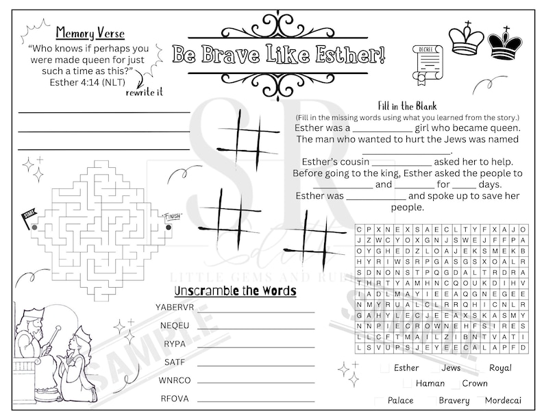 Queen Esther Sunday School Worksheet, Bravery Lesson VBS (PDF) - Etsy
