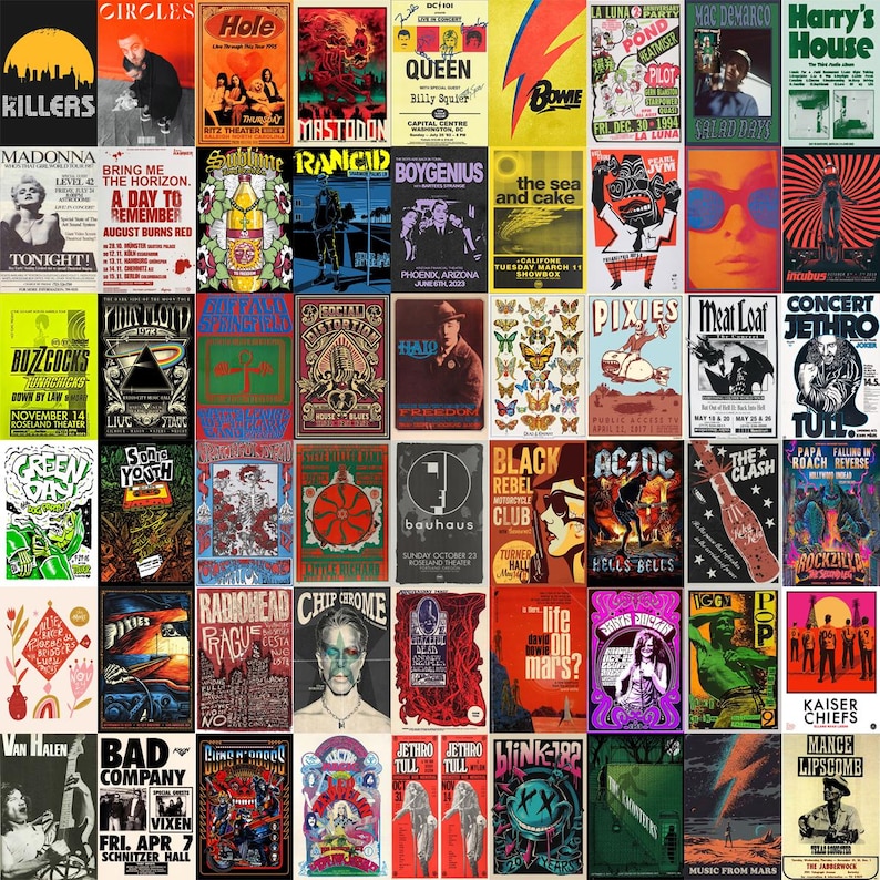 700+ Vintage Music Posters Wall Collage Kit, Rock Punk Band Concert ...