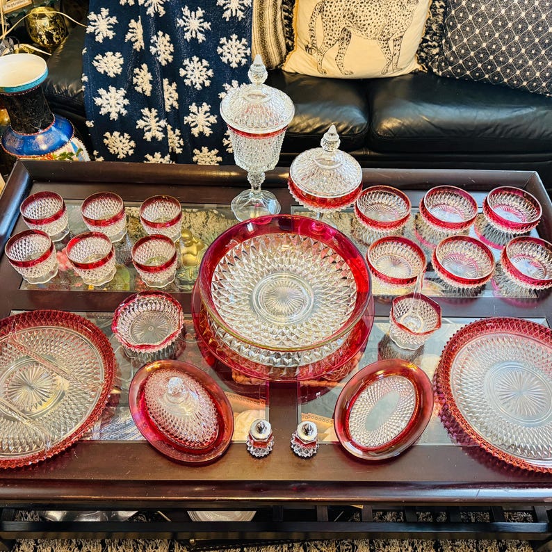 Vintage Indiana Glass Ruby Red Flash Diamond Point 19-piece Set - Etsy