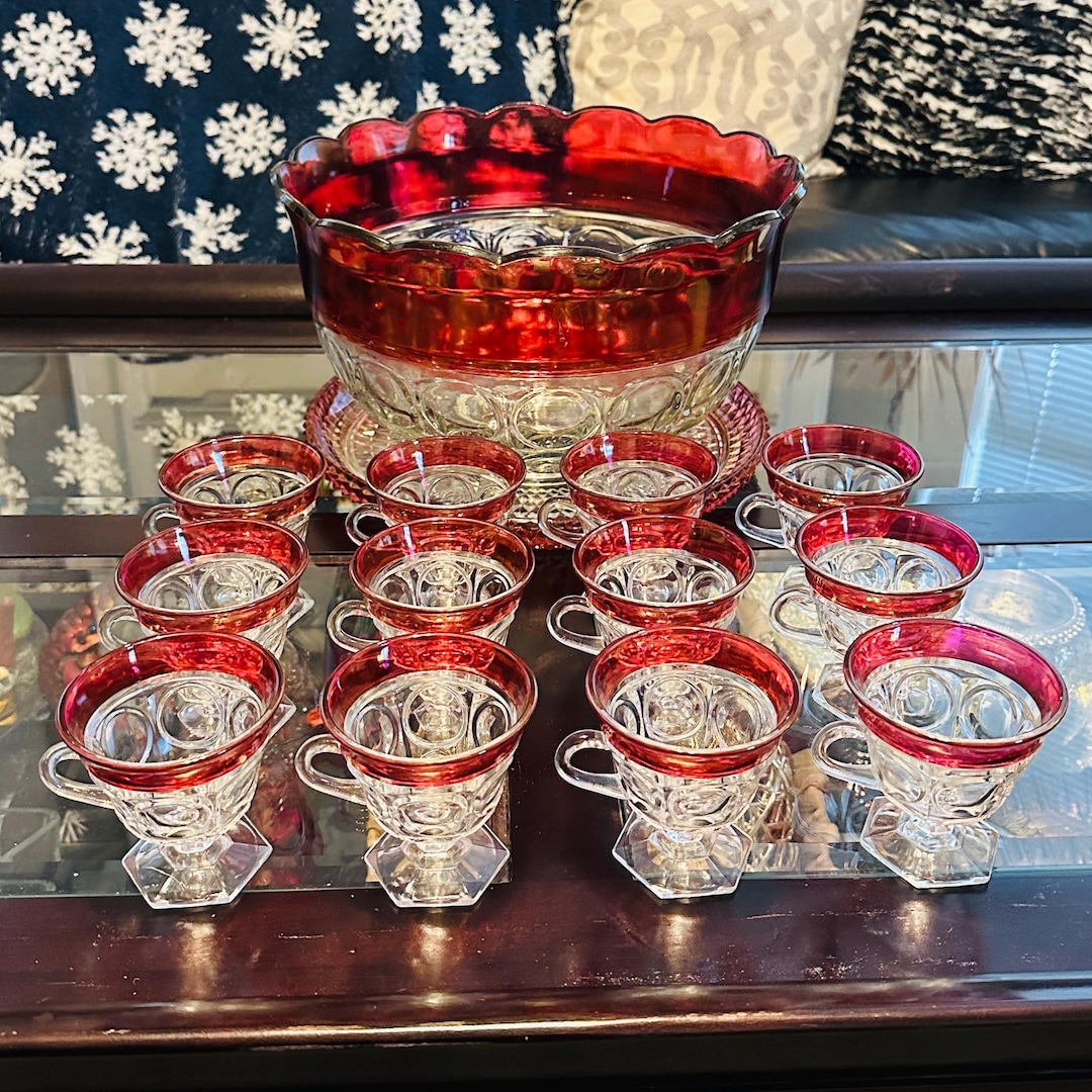 Vintage Indiana Glass Lexington Ruby Red Punch Bowl Set Pressed Glass ...