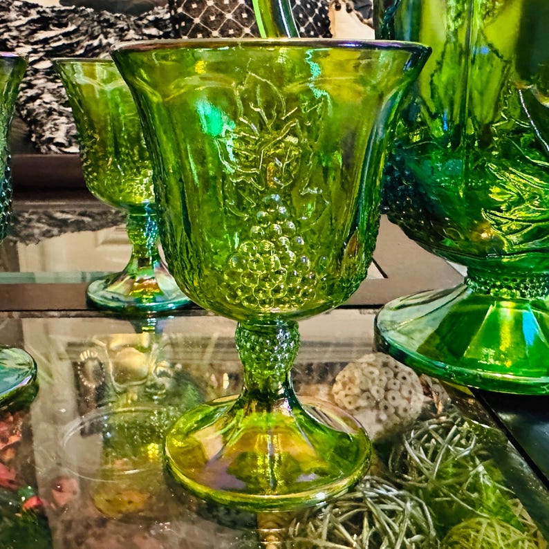 Vintage Indiana Glass Green Carnival Glass Pitcher & Goblet Set - Etsy