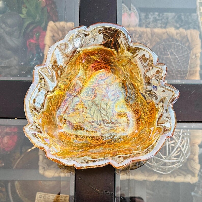 Vintage Marigold Carnival Glass Candy Dish – Iridescent Indiana Glass ...