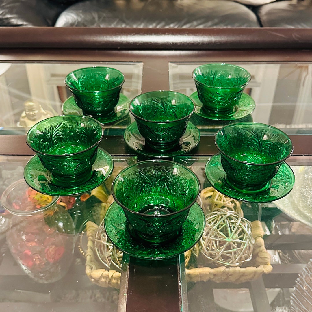 Vintage Tiara Indiana Glass Set of Six W/ 2 Bowls in Dark Spruce Green ...