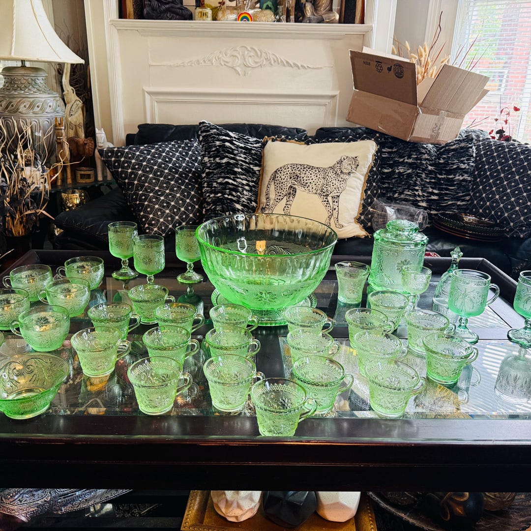 Chantilly Green Sandwich Glass Set W/ Egg Plate, Serving Plate, Votive ...