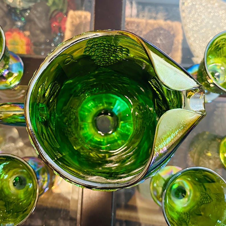 Vintage Indiana Glass Green Carnival Glass Pitcher & Goblet Set - Etsy