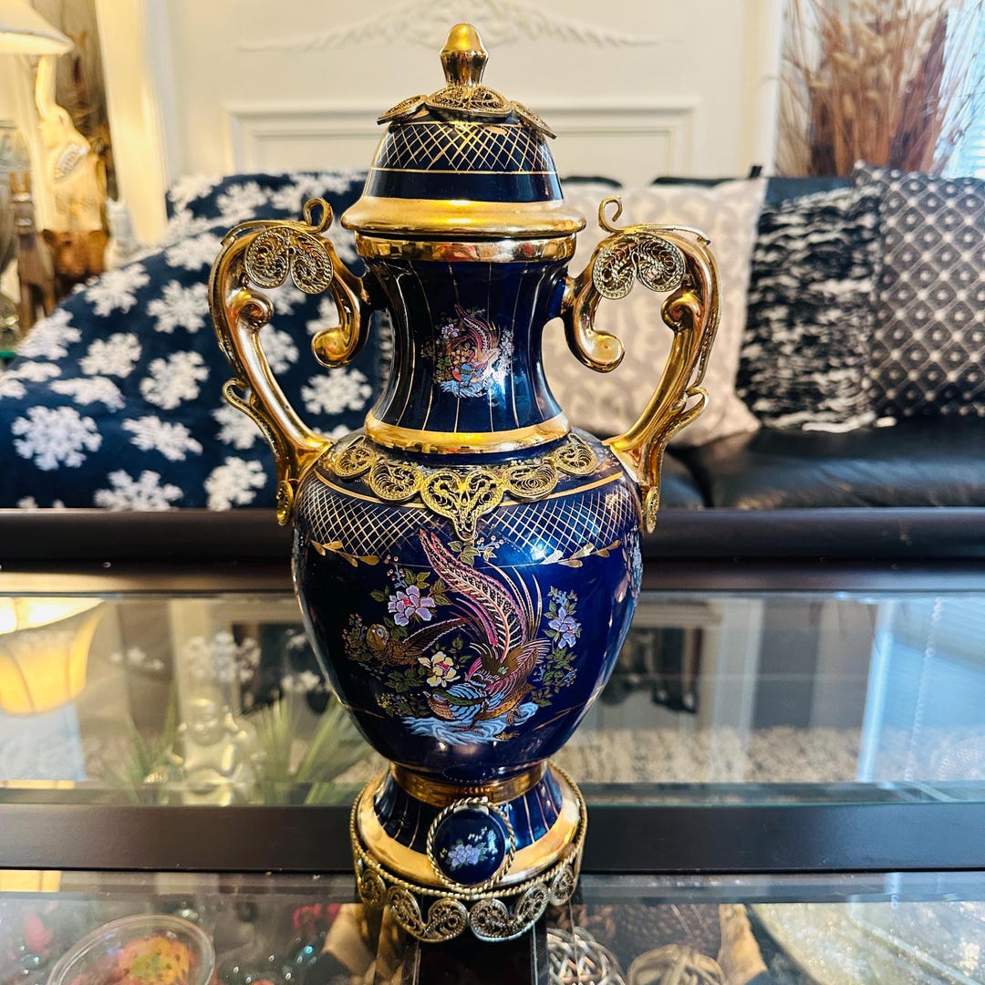Porsem Limoge Blue Hand-painted Gold-trimmed Vase – Vintage French ...