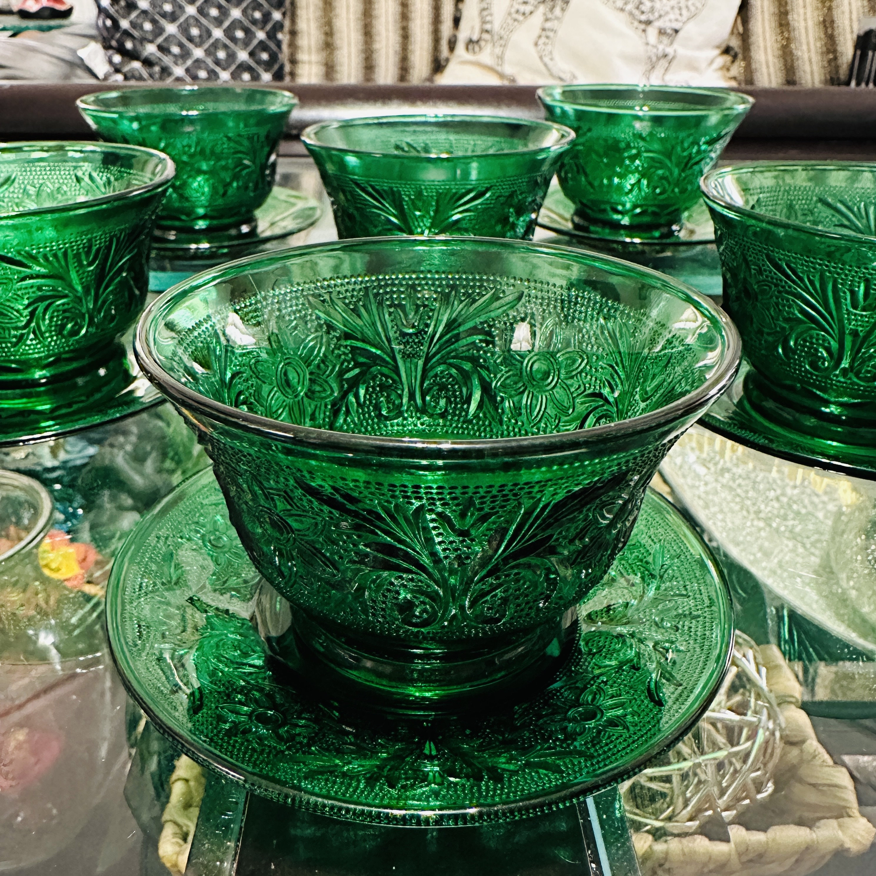 Vintage Tiara Indiana Glass Set of Six W/ 2 Bowls in Dark Spruce Green ...