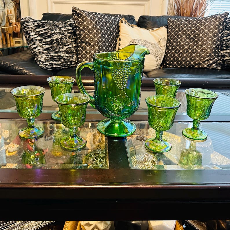 Vintage Indiana Glass Green Carnival Glass Pitcher & Goblet Set - Etsy