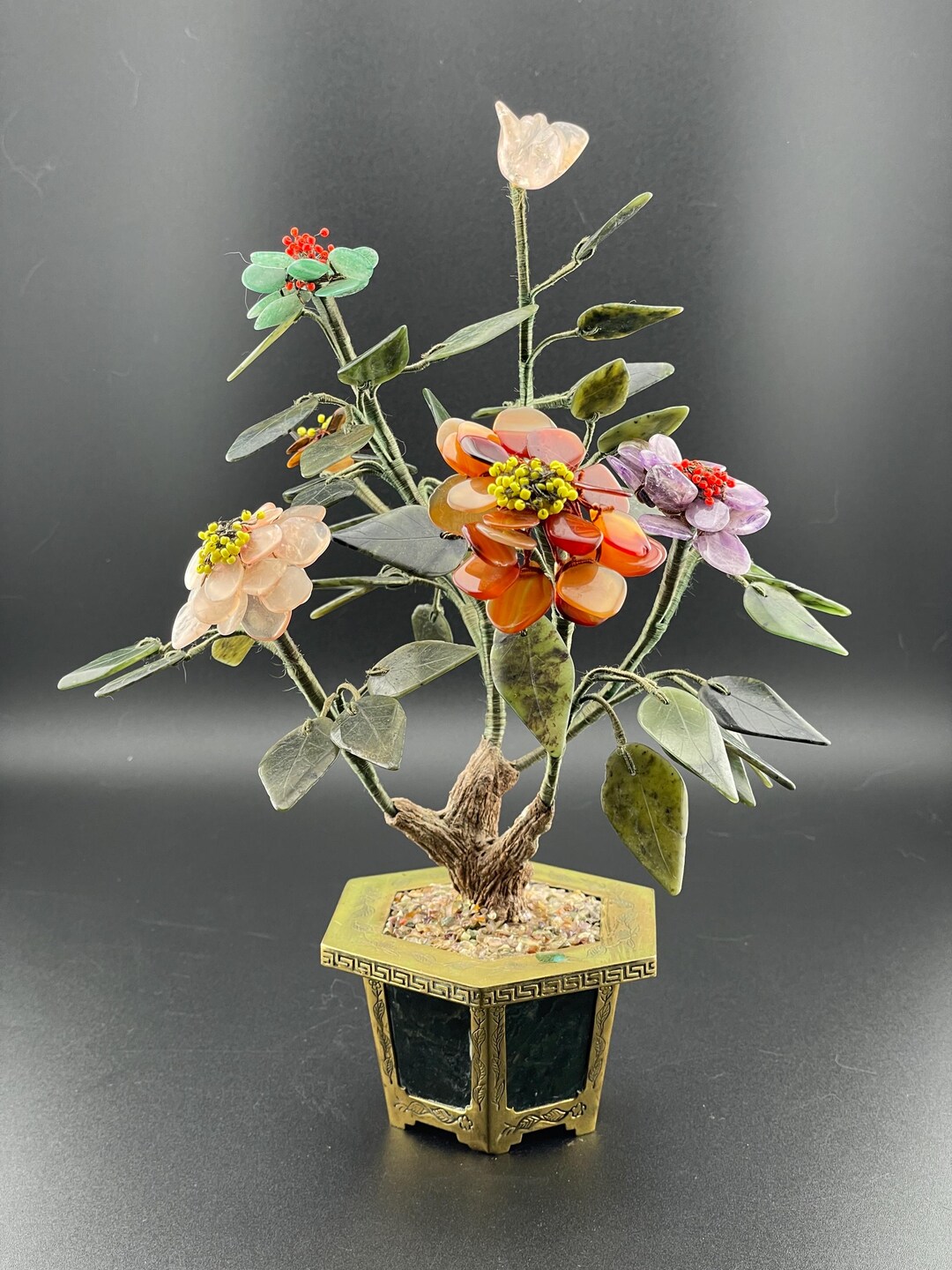 Vintage Jade & Semi Precious Stone Carved Beaded Flowers With Jade and ...