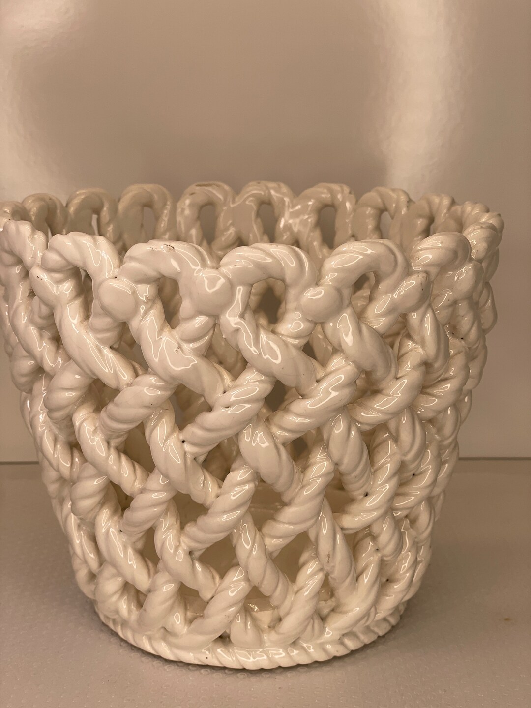 Vintage MCM Art Pottery Open Weave Rope Lattice White Ceramic Cachepot ...