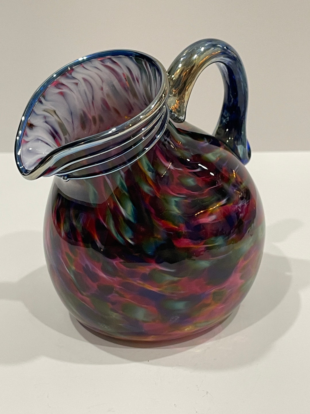 Vintage Stunning Splatter Art Glass Small 6 Pitcher Light Blue Handle ...