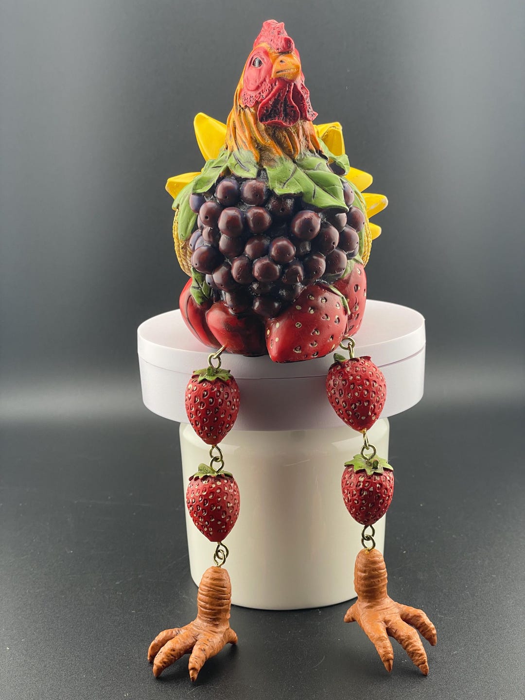 Vintage Farmhouse Rooster Fruit Shelf Sitter With Strawberry Dangle ...