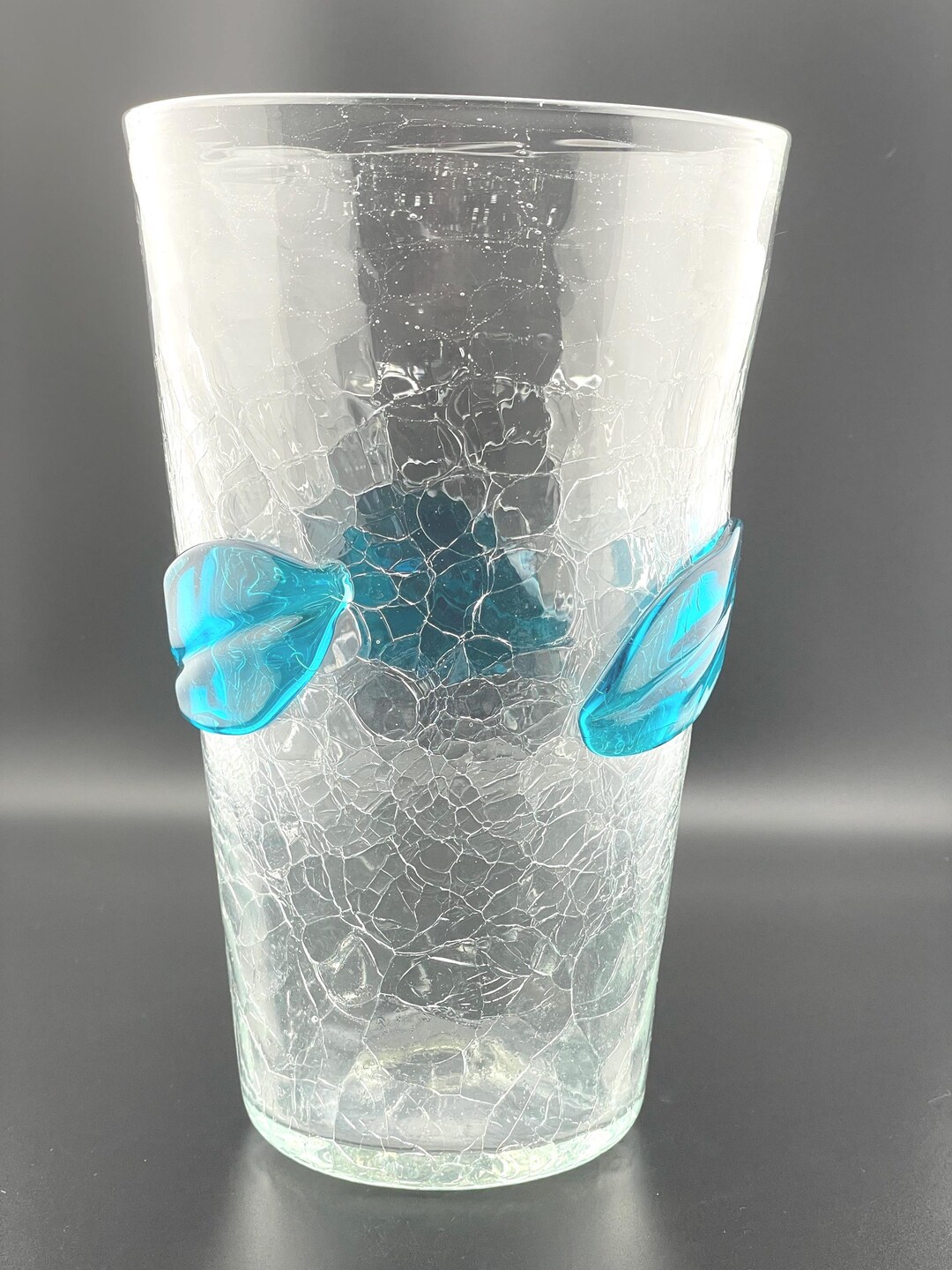Large Vintage Blenko Glass Crackle Finish With Sky Blue Leaves - Etsy