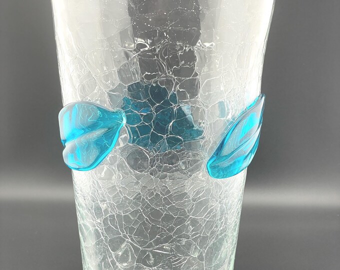 Large Vintage Blenko Glass Crackle Finish With Sky Blue Leaves - Etsy