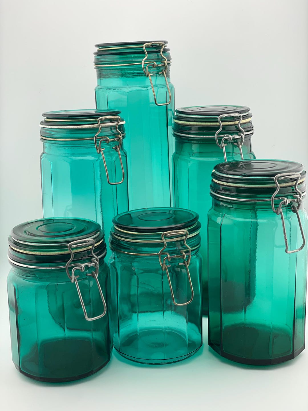 Vintage Green 12 Panel Glass Kitchen Canisters - Set of 6 - Etsy
