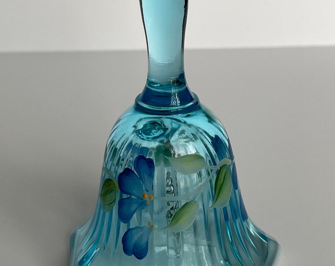 Hand Painted Fenton Glass Mini Hand Bell Iridescent Blue With White ...