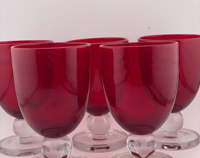 Ruby Red Bubble Glass Goblets - Hand Blown Vintage Wine Glasses - Sold ...