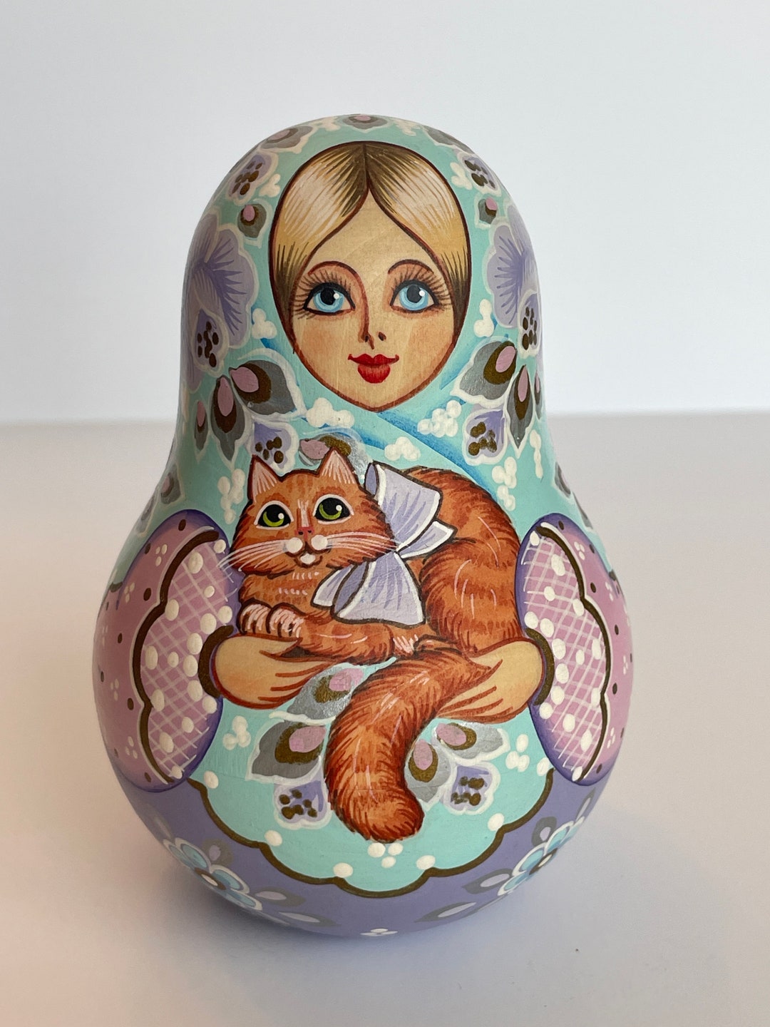 Sovak Russian Matryoshka Rolly Polly Bell Doll Chime Girl With Cat - Etsy