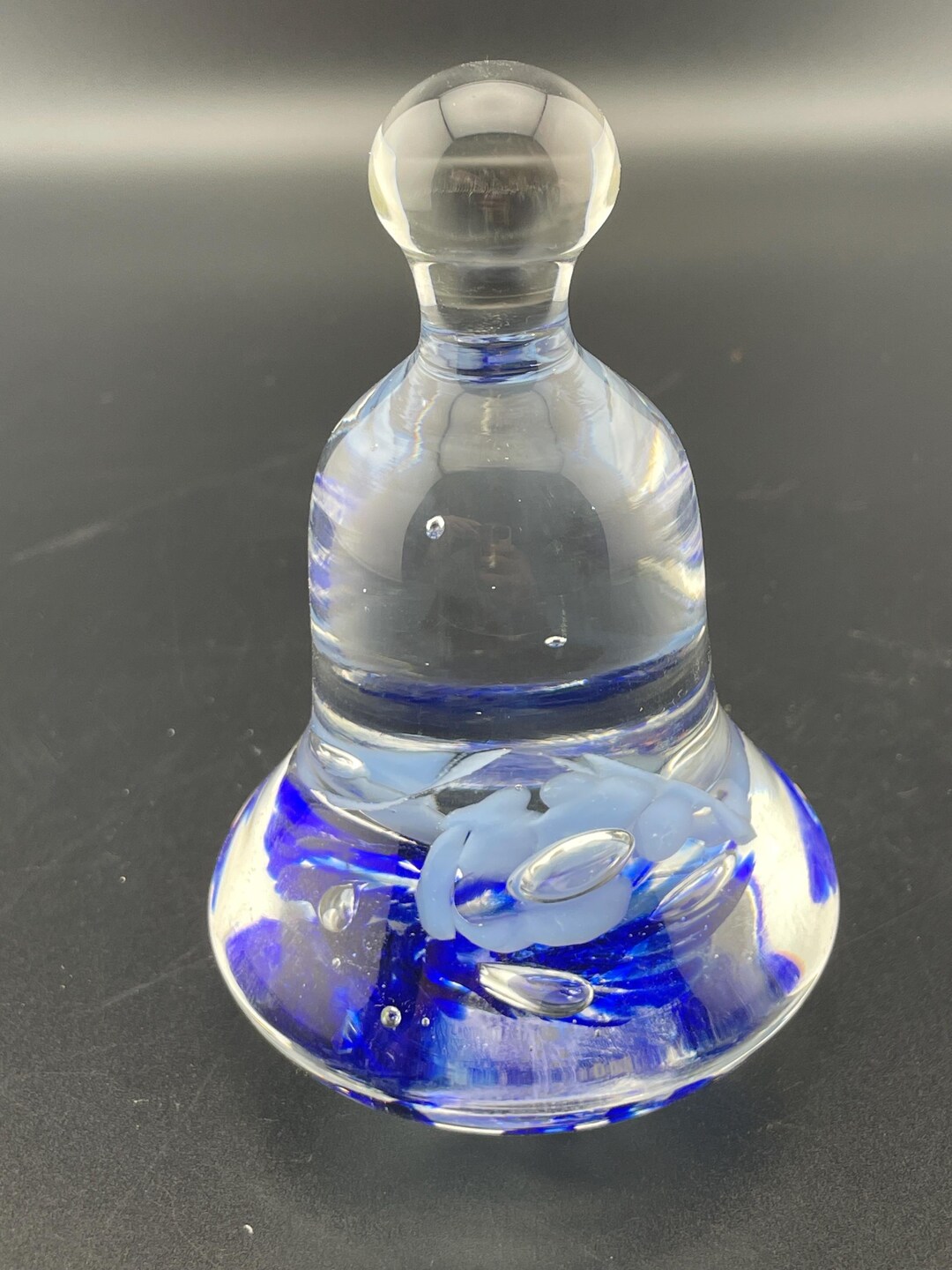 Joe St. Clair Art Glass Bell Shaped Paperweight Blue Flowers White ...