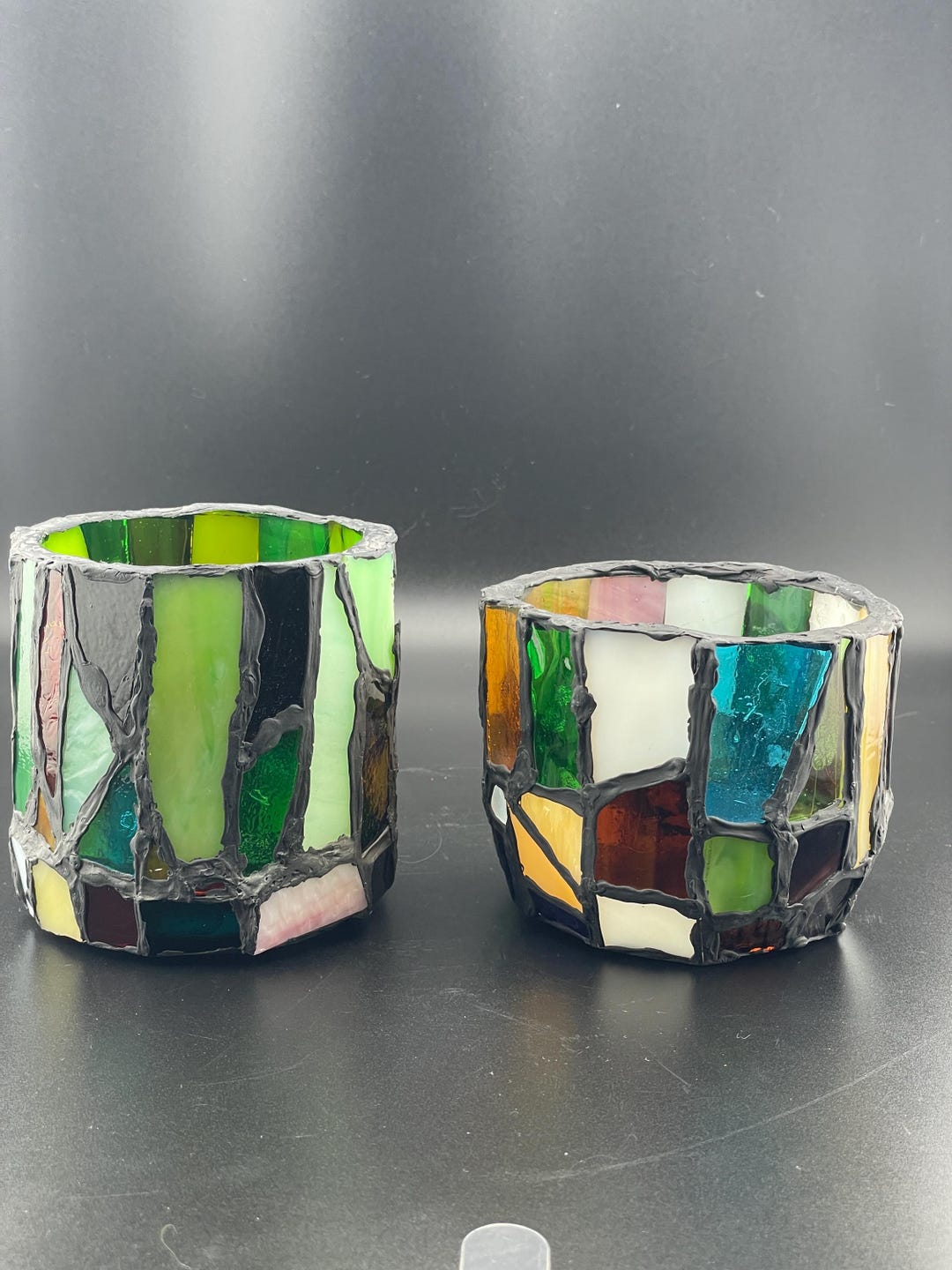 Vintage MCM Stained Glass Mosaic Glass Candleholders - Etsy