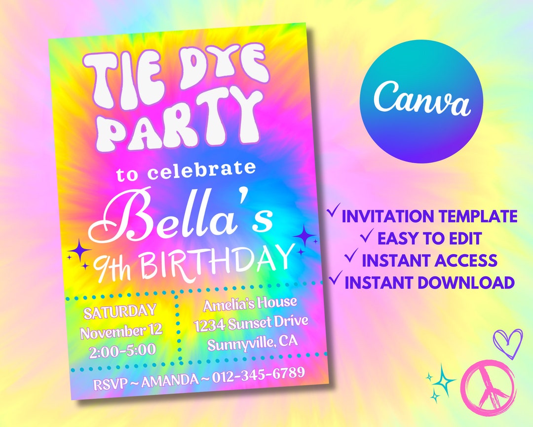 Editable Tie Dye Birthday Invitation, Tie Dye Party Invite, Canva ...
