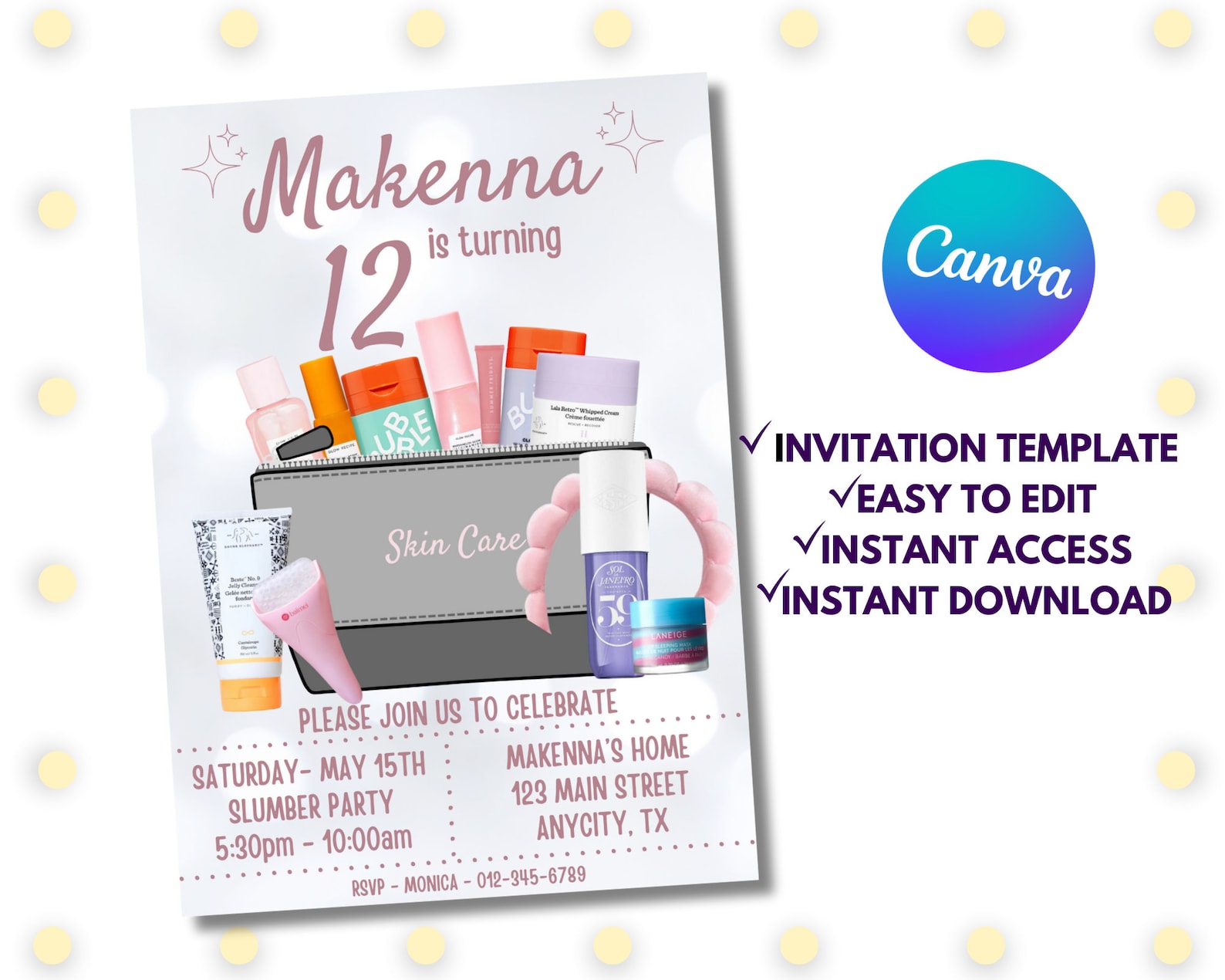 Skin Care Birthday Party Invitation, Editable Template, Digital Skin ...