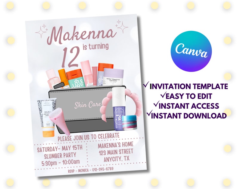 Skin Care Birthday Party Invitation, Editable Template, Digital Skin ...