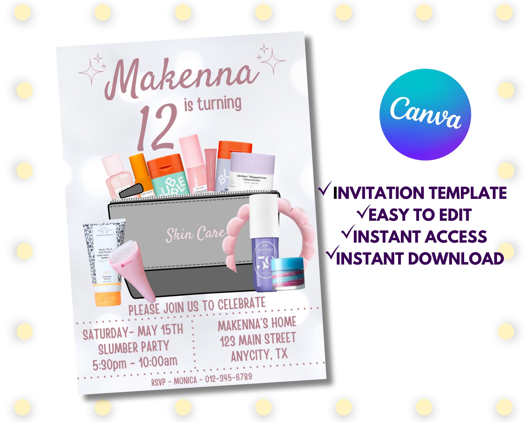 Skin Care Birthday Party Invitation, Editable Canva Template (digital ...