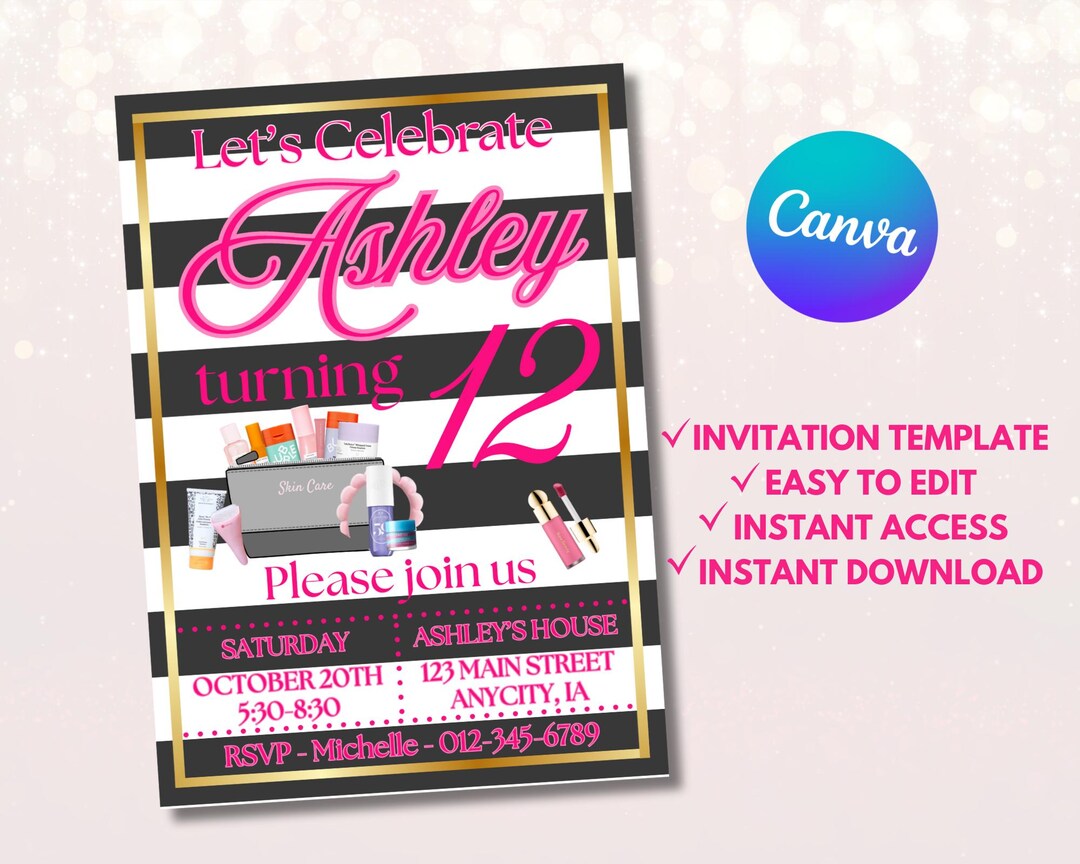 Editable Glam Party Invitation, Skin Care Party Invitation, Girl ...