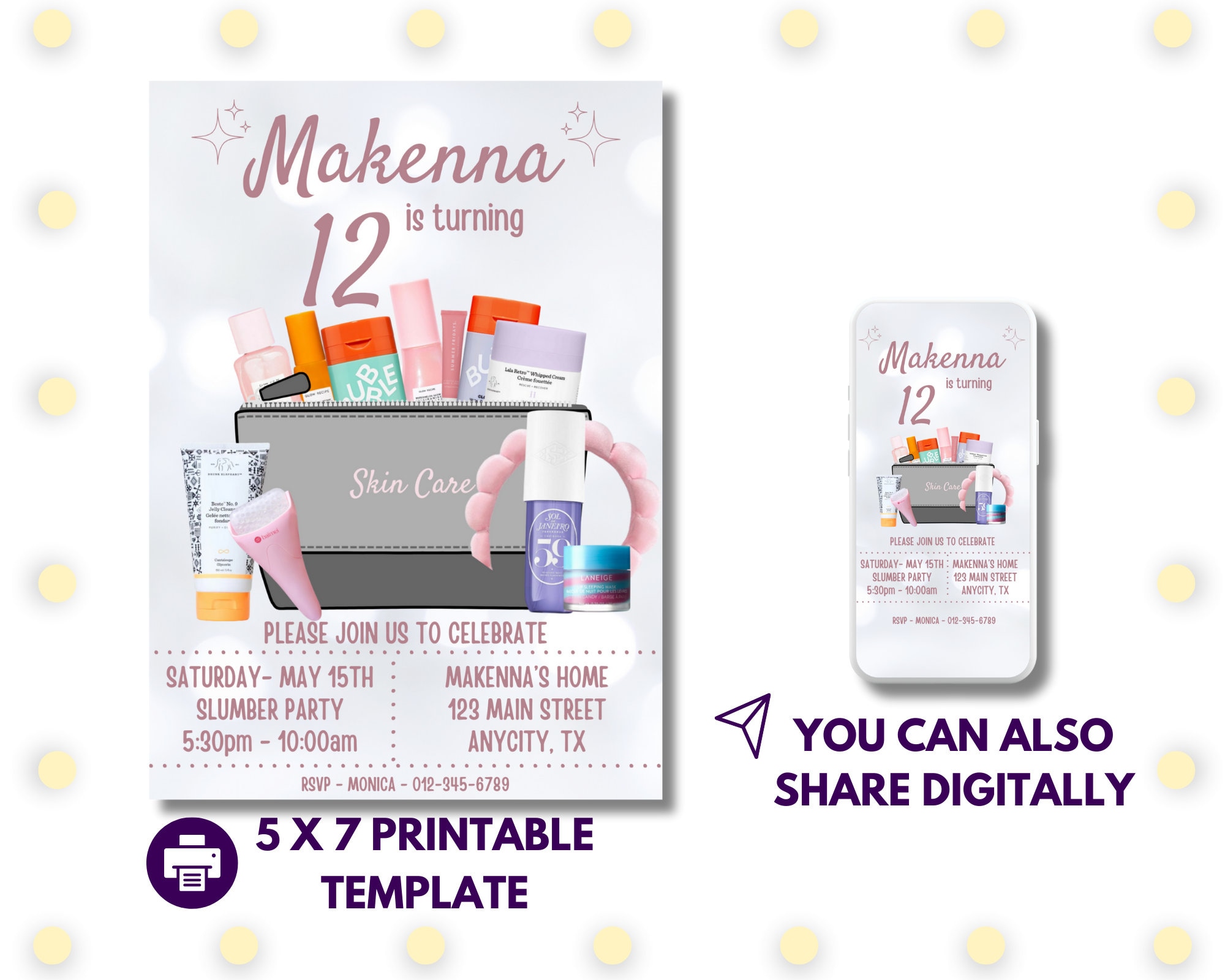 Skin Care Birthday Party Invitation, Editable Canva Template (digital ...