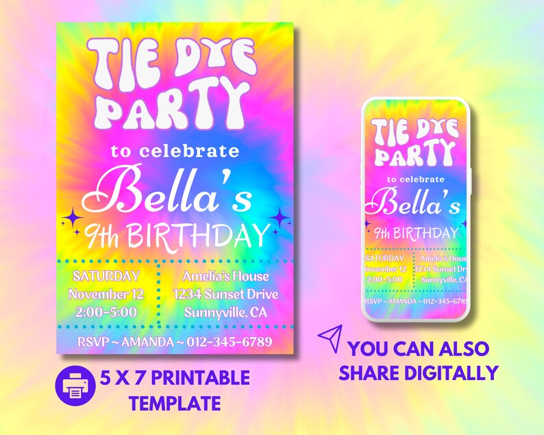 Tie Dye Birthday Invitation, Fun Party Invite (canva Template, Digital ...