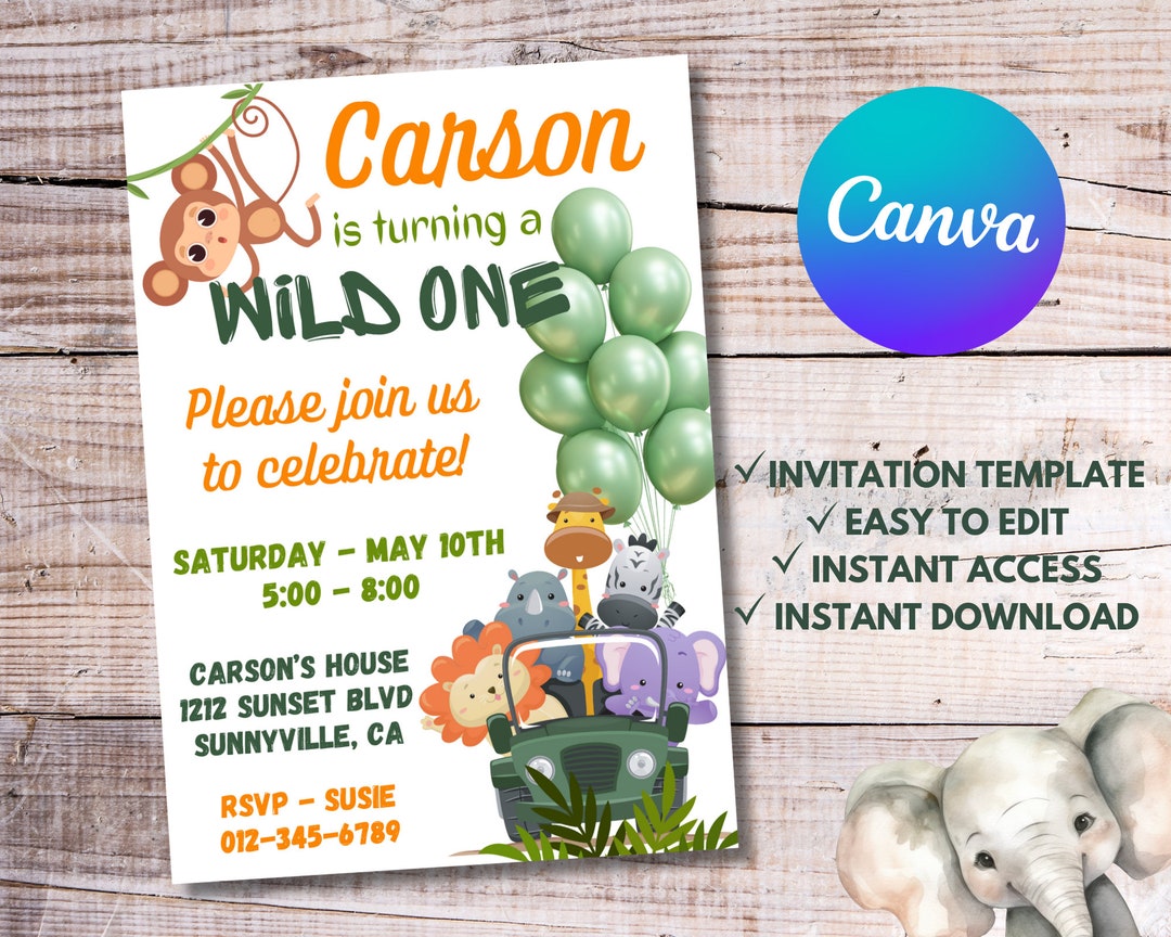 Wild Animal Birthday Invitation, Editable Canva Template (digital ...