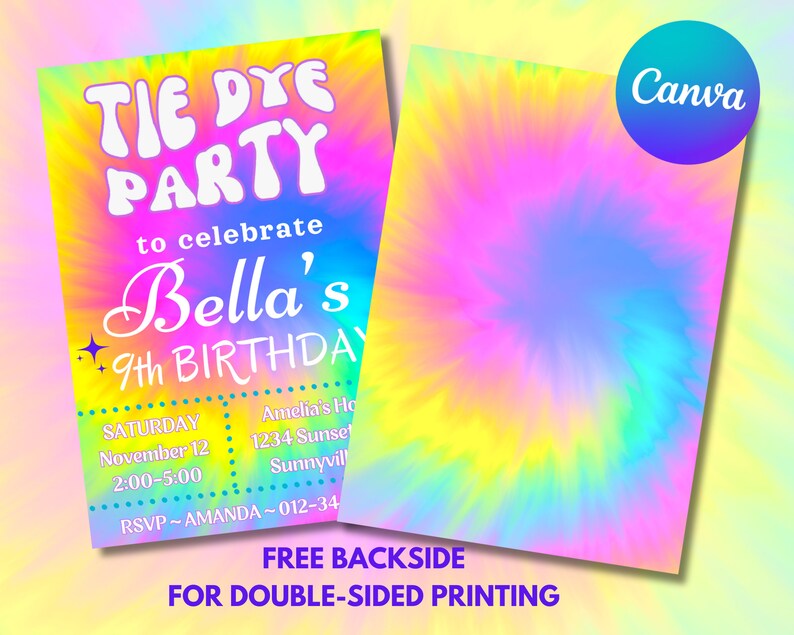 Editable Tie Dye Birthday Invitation, Tie Dye Party Invite, Canva ...