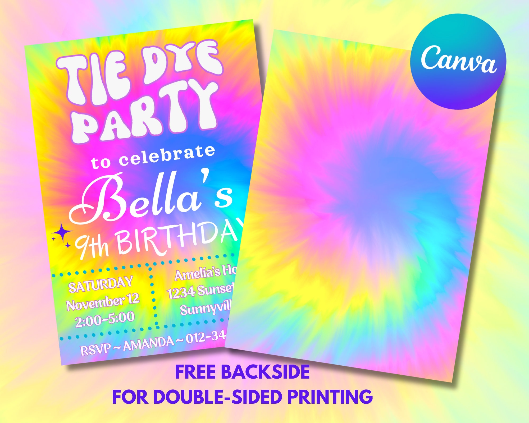 Editable Tie Dye Birthday Invitation, Tie Dye Party Invite, Canva ...