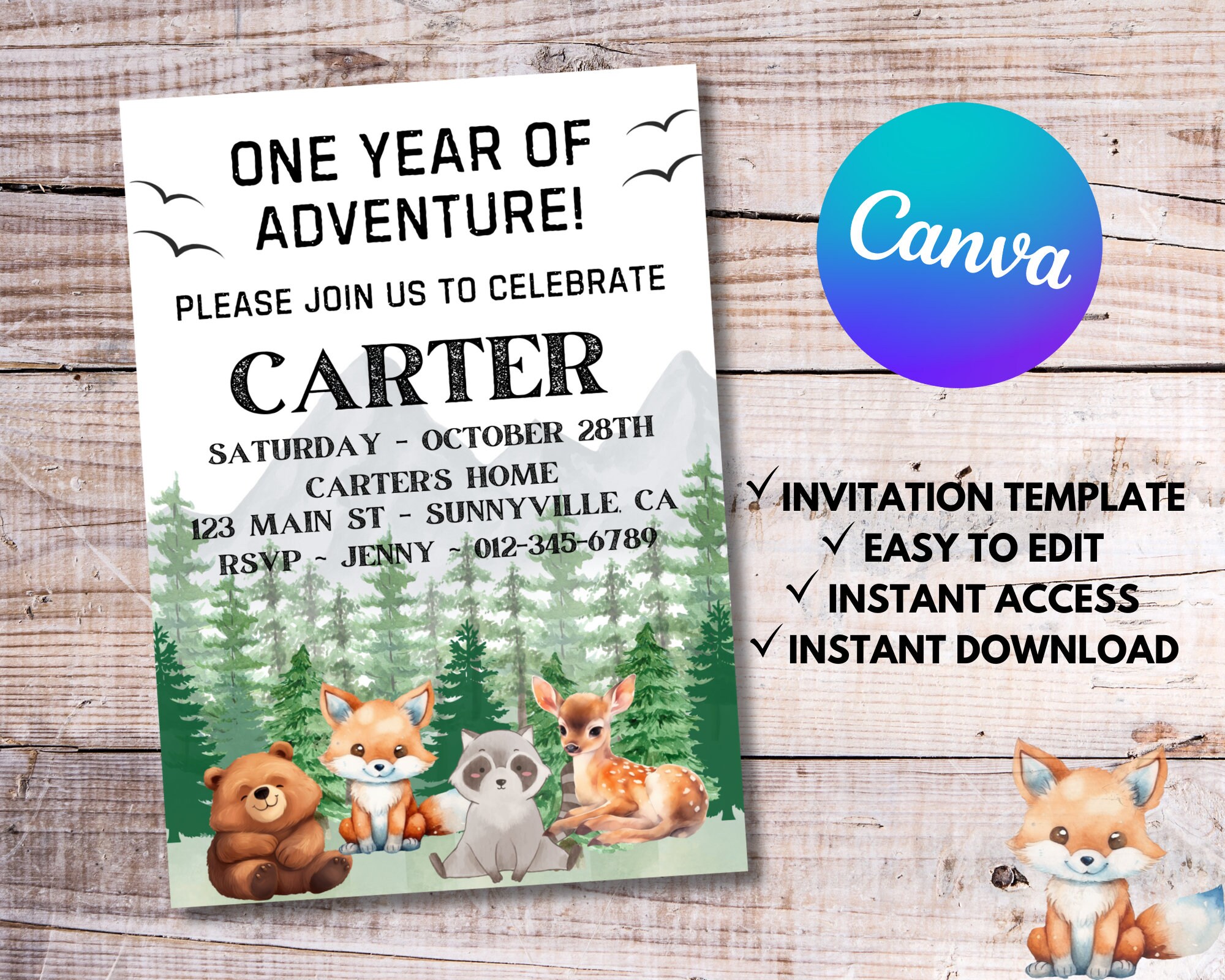 Adventure Birthday Party Invitation, Editable Template, Digital Animal ...