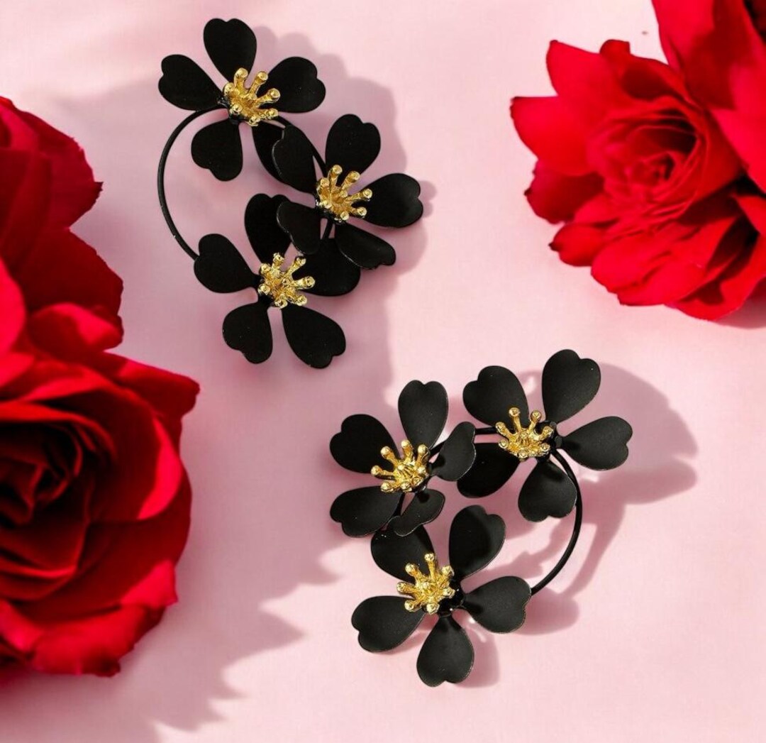 Black Flower Earrings: Handmade Gold Accent Dangle Earrings | Last ...