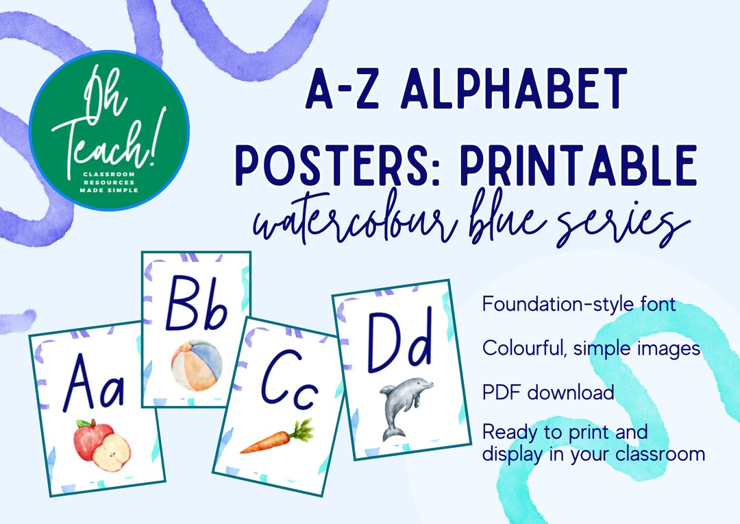 A-Z Alphabet Posters Blue Watercolor Series Printable, Foundation Font ...