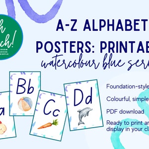 A-Z Alphabet Posters Blue Watercolor Series Printable, Foundation Font ...