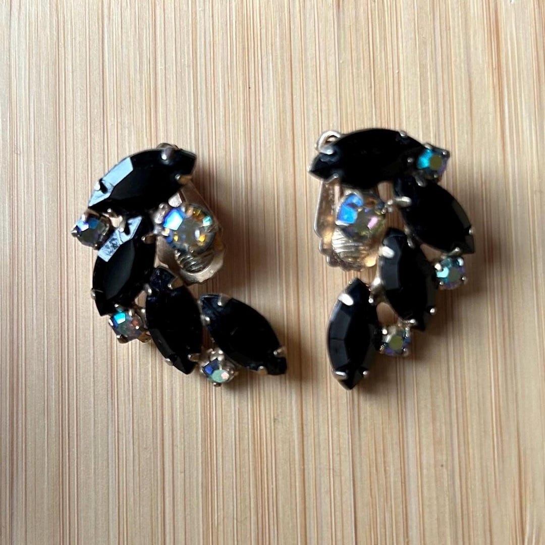 Vintage Clip-on Earring Prong Set Hematite Black and AB Rhinestones - Etsy