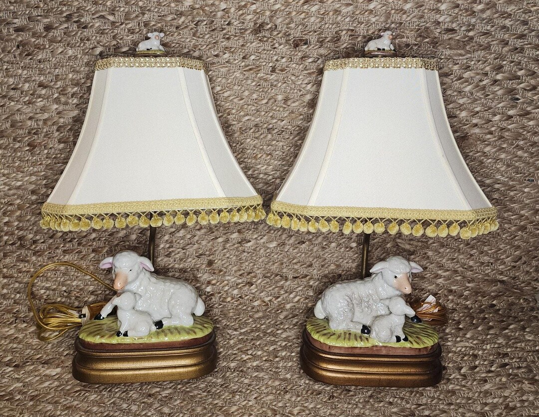 2 Vintage Sheep Lamp Mother With Baby Porcelain Table Lamps Home Decor ...