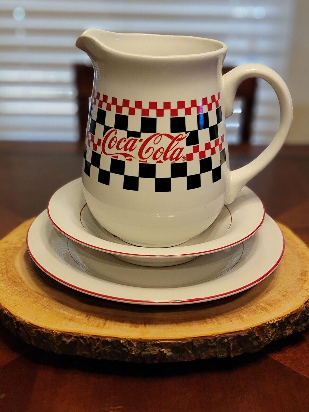Vintage Gibson Coca Cola Checkerboard Coke Pitcher, Bowl , Plate. 1996 ...