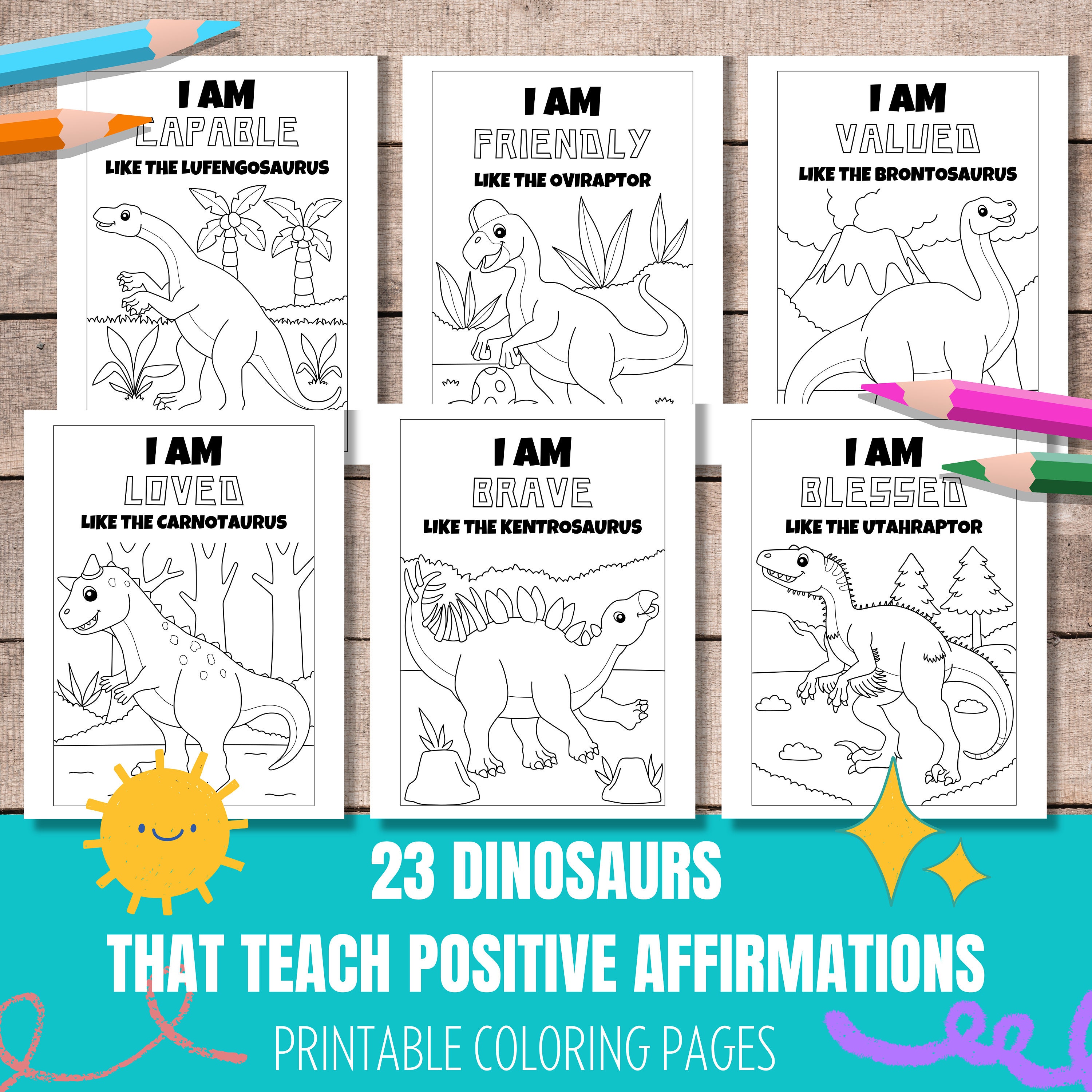 23 Easy Dinosaur Coloring Pages for Kids, Positive Affirmations ...