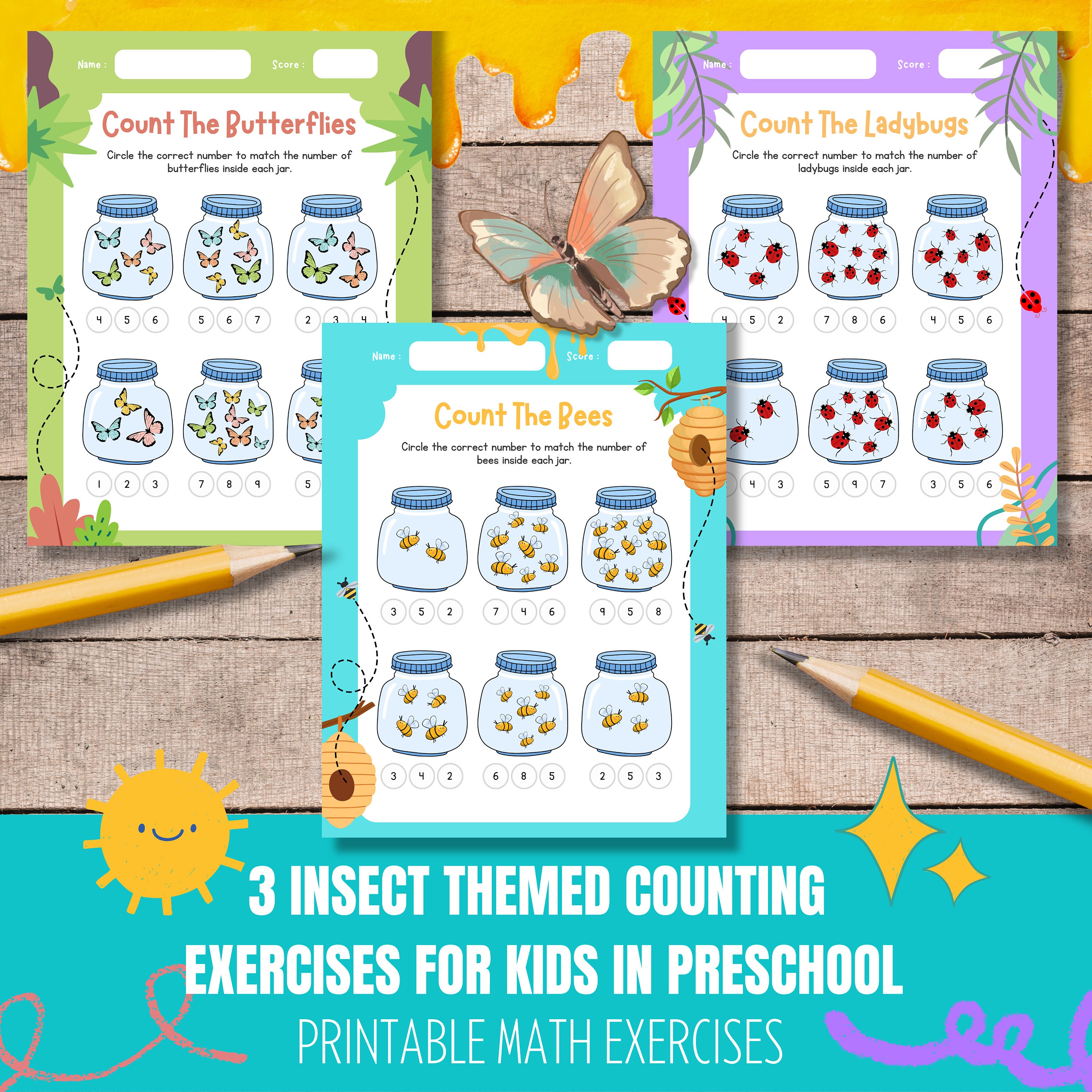 3 Bug Themed Counting Pages for Kids, Preschoolers Toddlers Learning ...