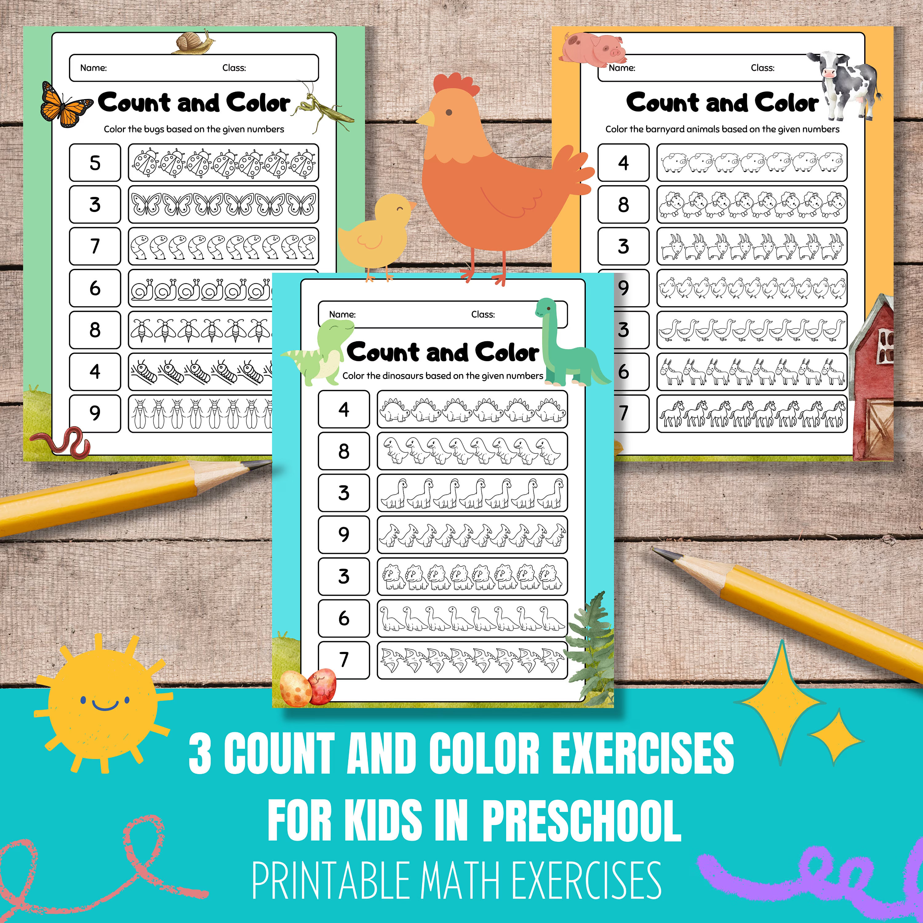 3 Count and Color Pages for Kids, Homeschool Learning, Simple Math ...