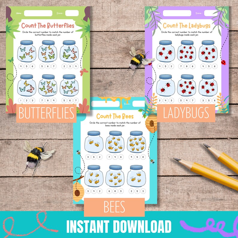 3 Bug Themed Counting Pages for Kids, Preschoolers Toddlers Learning ...