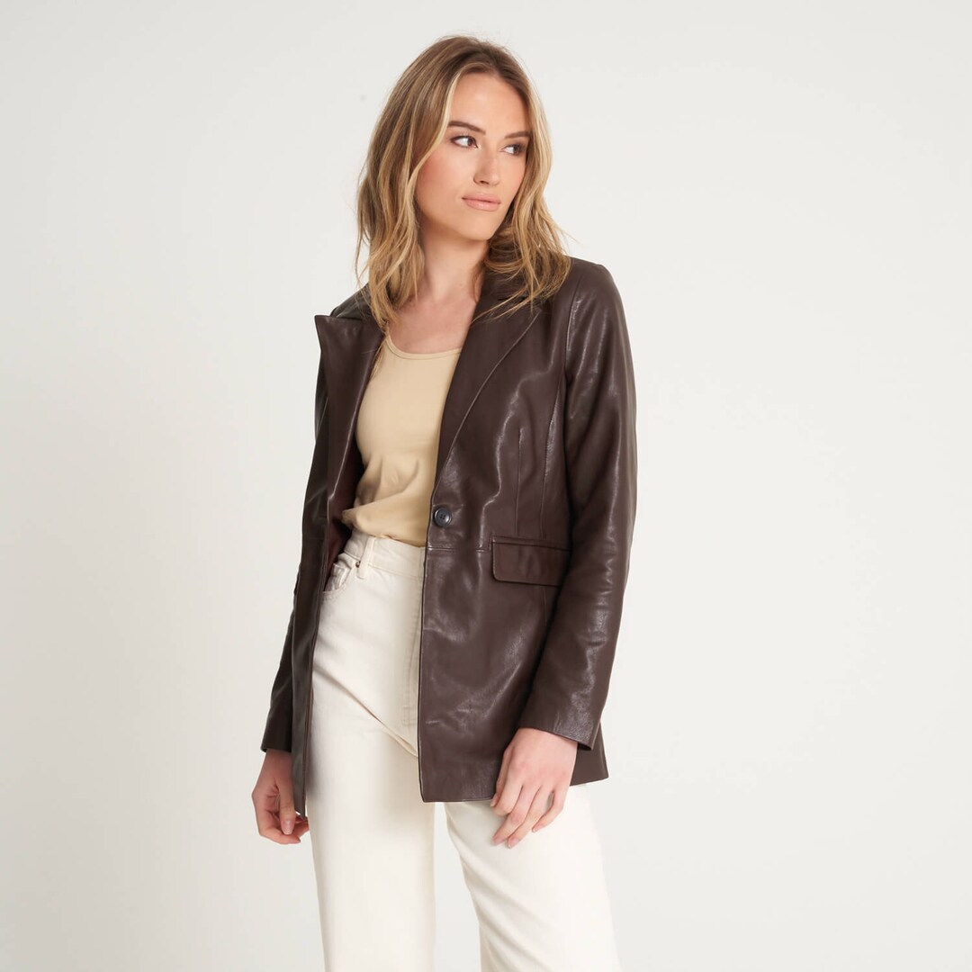 Womens Chocolate Brown Leather Blazer One Button Party & Club Wear Coat ...