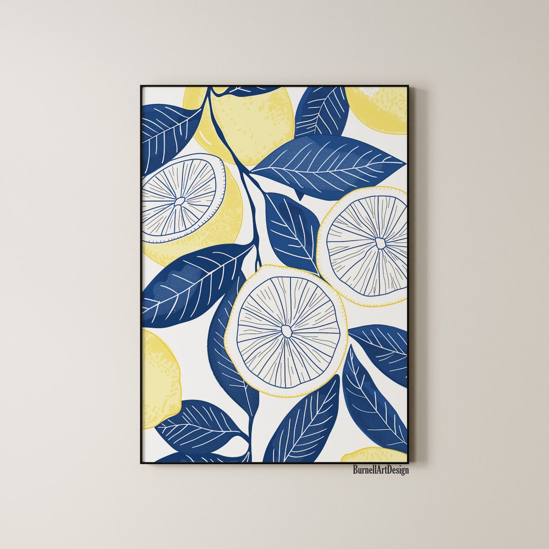 Lemon Pattern Art Print, Citrus Fruits and Leaves Illustration, Yellow ...