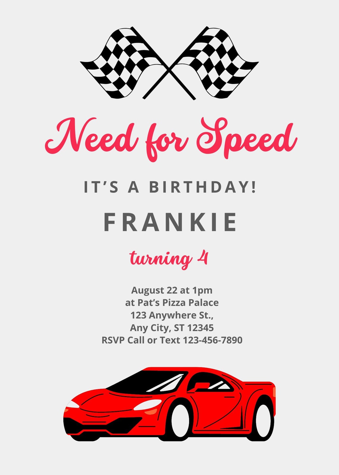 Sports Car Kids Birthday Invitation, Corvette, Ferrari, Need for Speed ...