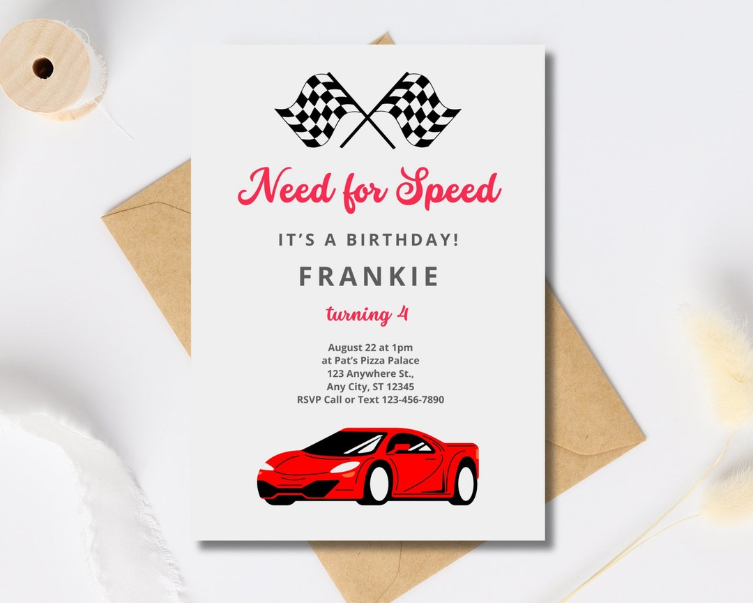 Sports Car Kids Birthday Invitation, Corvette, Ferrari, Need for Speed ...